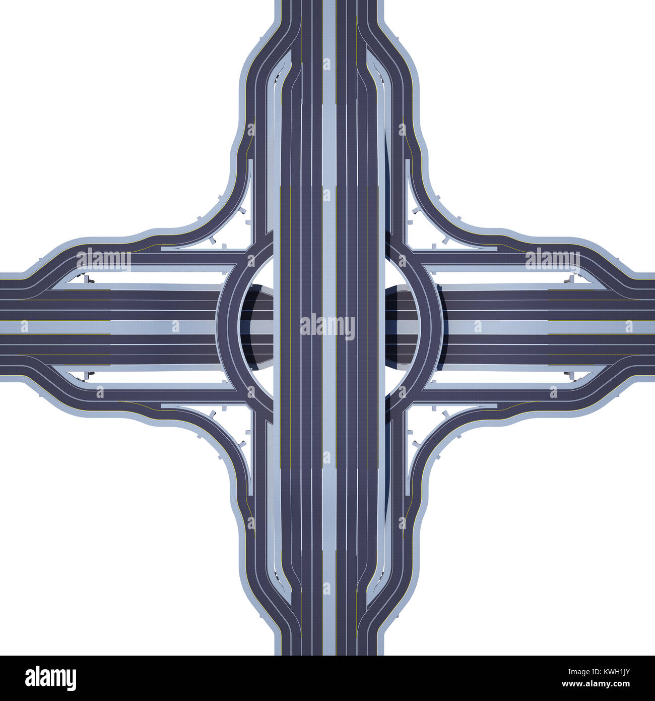 multi-level road junction from above view isolated on white. 3d ...