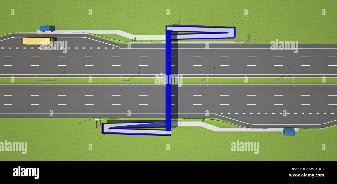 overhead pedestrian crossing over the highway top view. 3d rendering ...