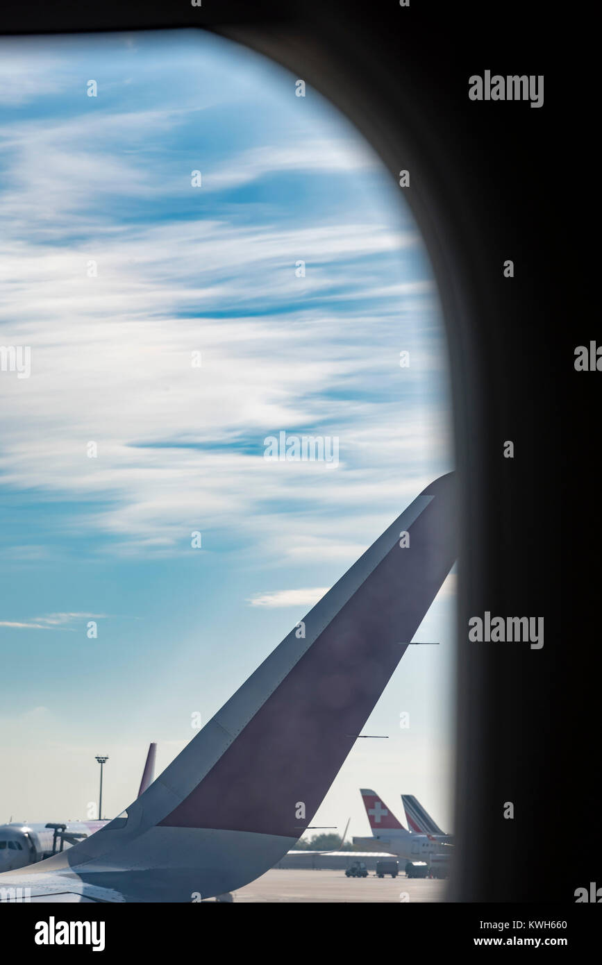 BUDAPEST, 10 OCTOBER 2017 – View through the window of a Qatar airways ...