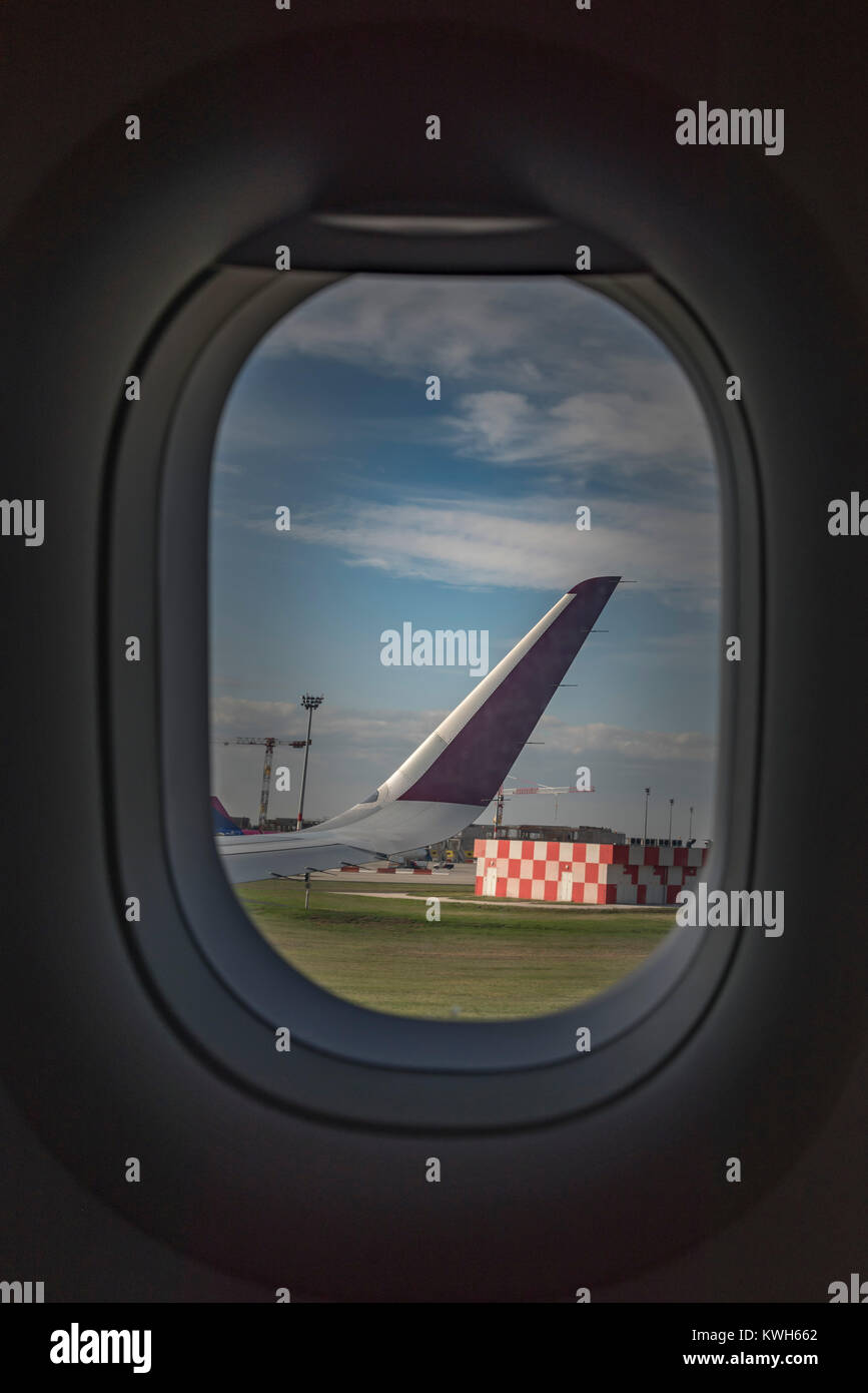 BUDAPEST, 10 OCTOBER 2017 – View through the window of a Qatar airways ...