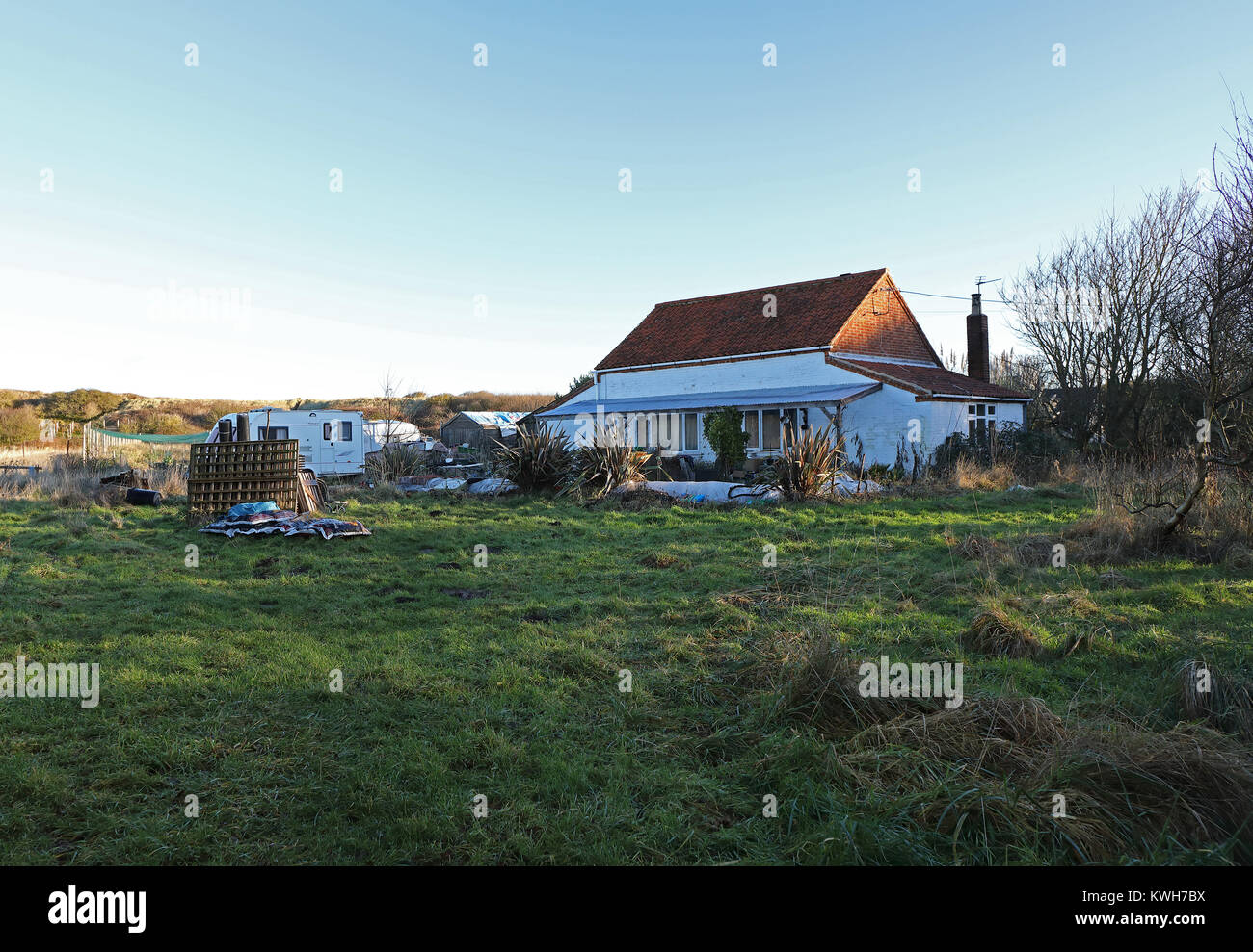 The Old Cottage, run down coastal home Norfolk, UK December Stock Photo ...