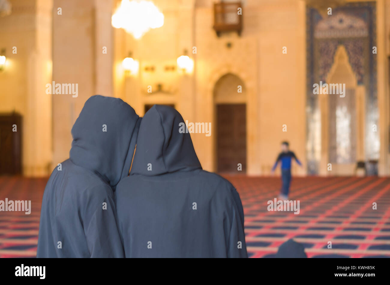 Beirut, Lebanon, April 03 - 2017: Women praying inside the mosque of ...