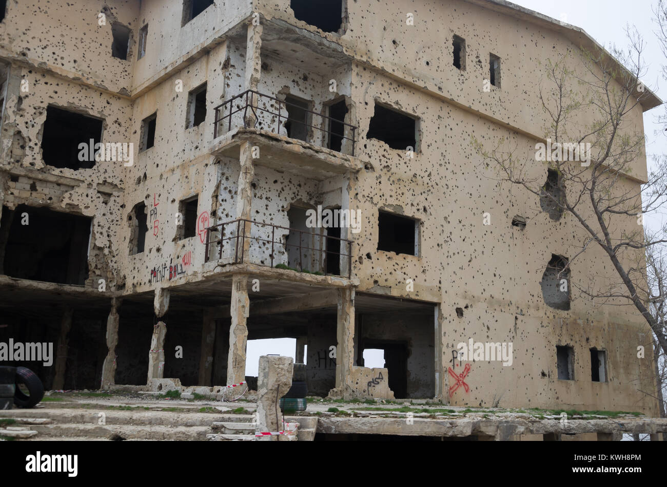 Beqaa, Lebanon, April 04 - 2017: Marks of War, Lebanese house machine ...