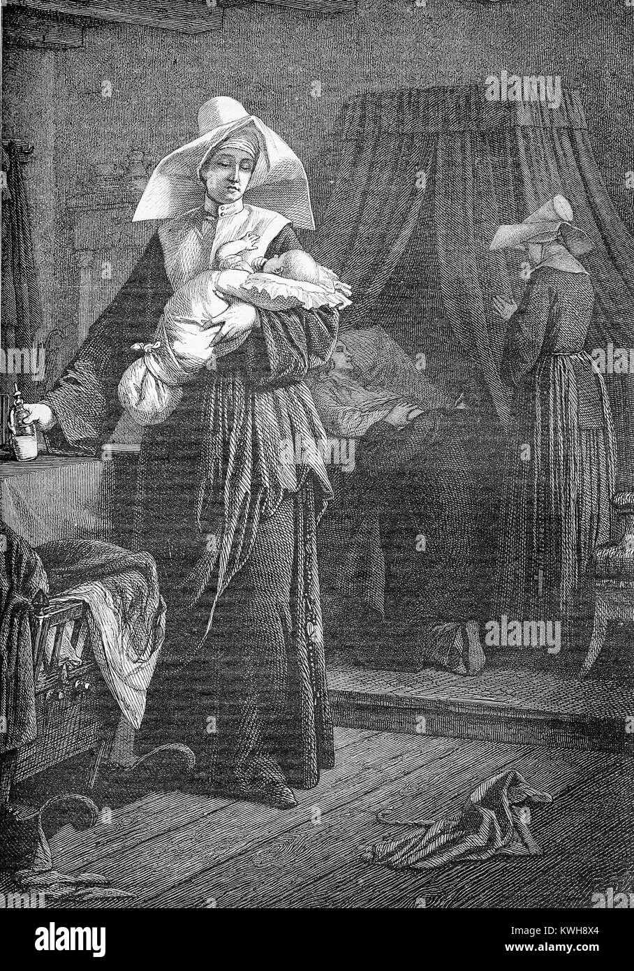 Vintage engraving about birth and death: a nun holding and feeding the ...