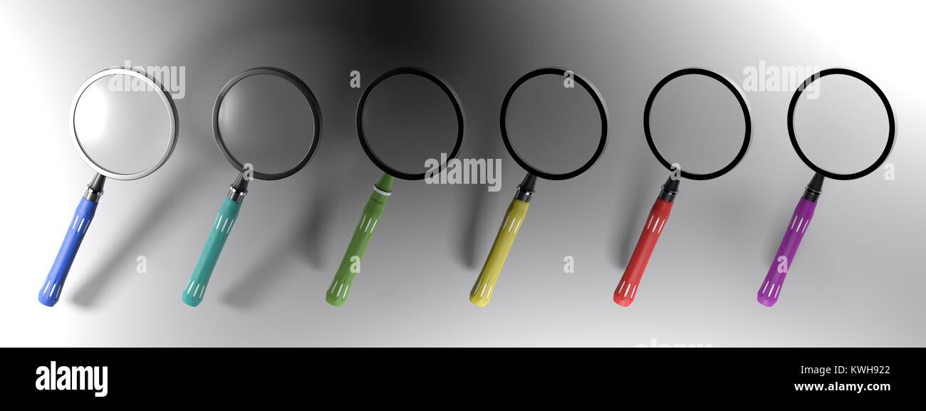 Series of magnifiers with colorful handels - 3D rendering Stock Photo ...