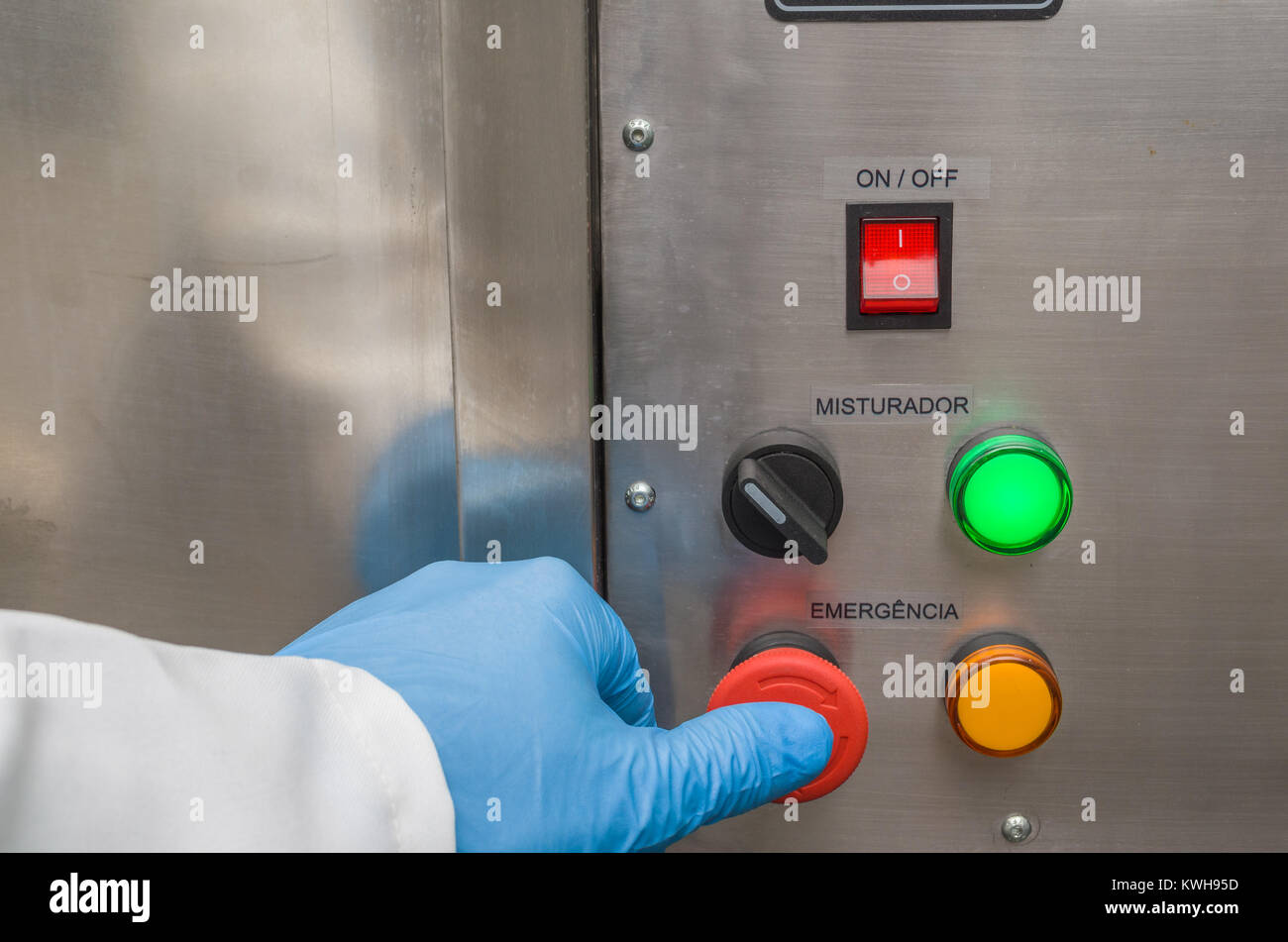 Great concept of emergency, person pushing the emergency button of ...
