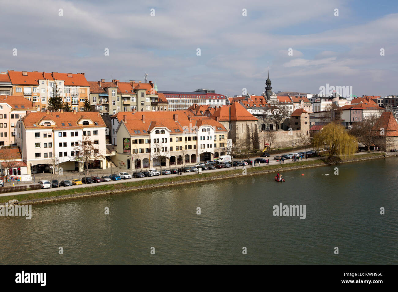 The riverside Lent district of Maribor, Slovenia. The River Drava flows ...