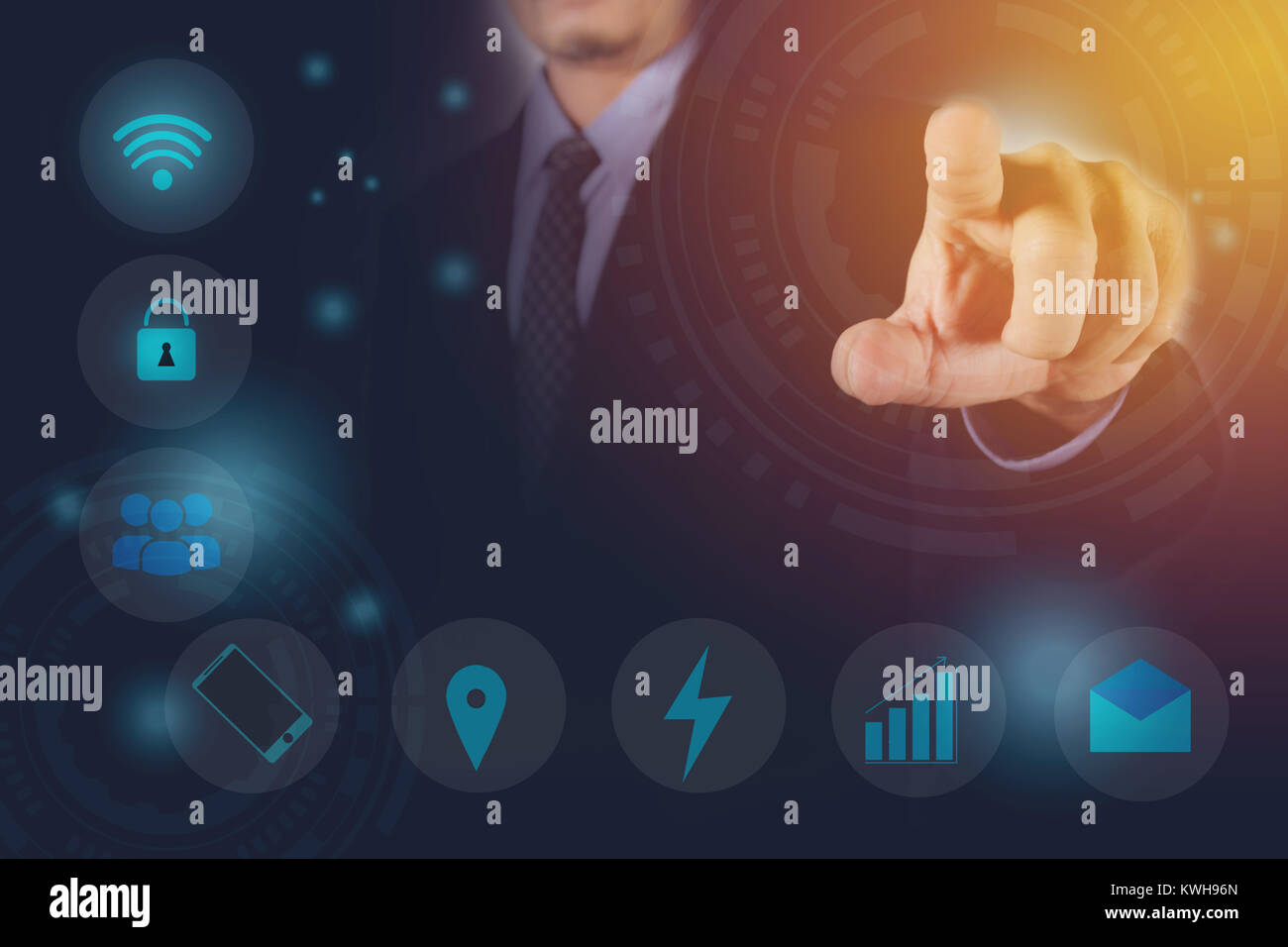 Hand of businessman click on virtual blue touchscreen. Hand pressing ...