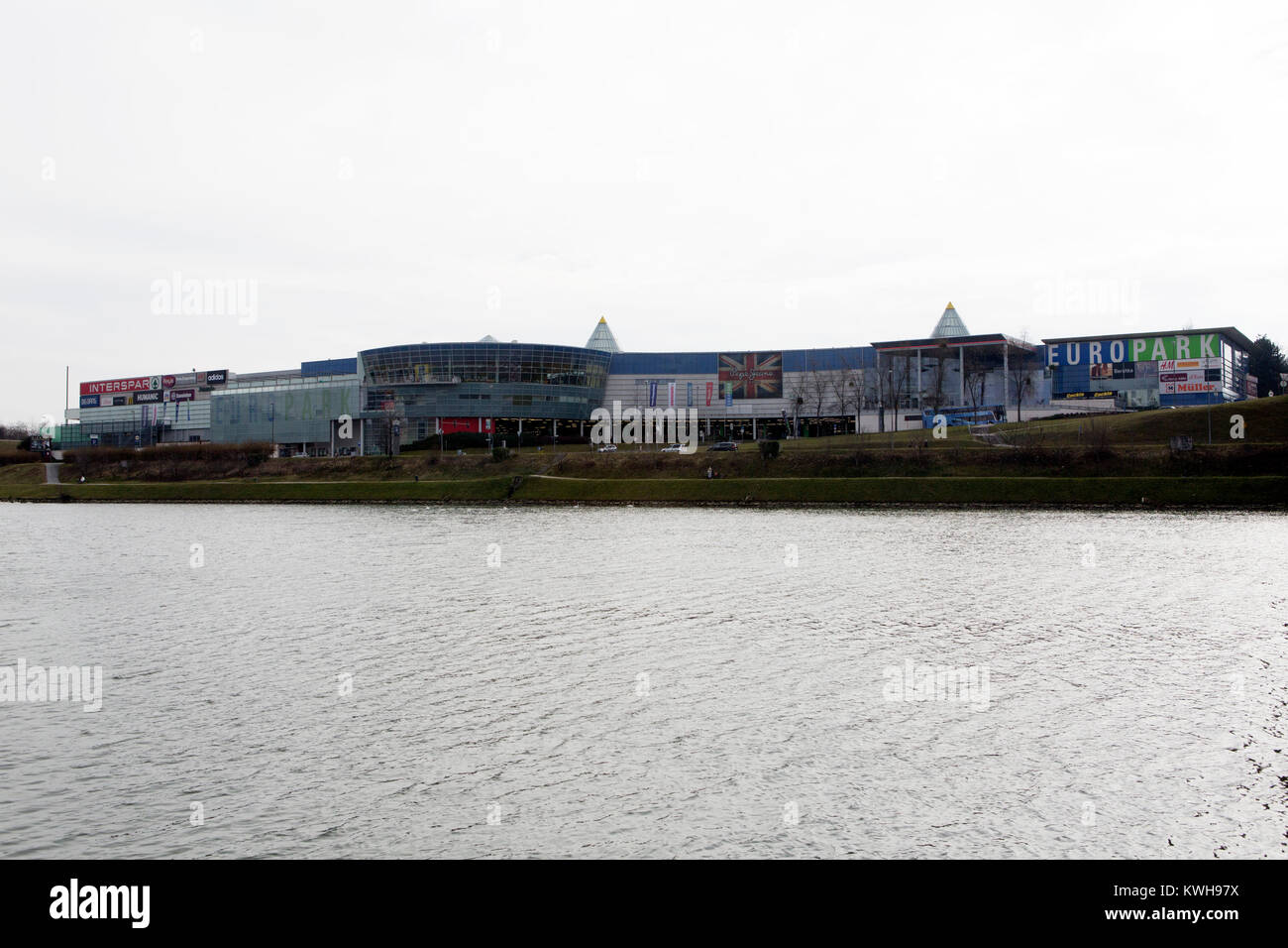 The Europark shopping mall in Maribor, Slovenia. The River Drava flows ...