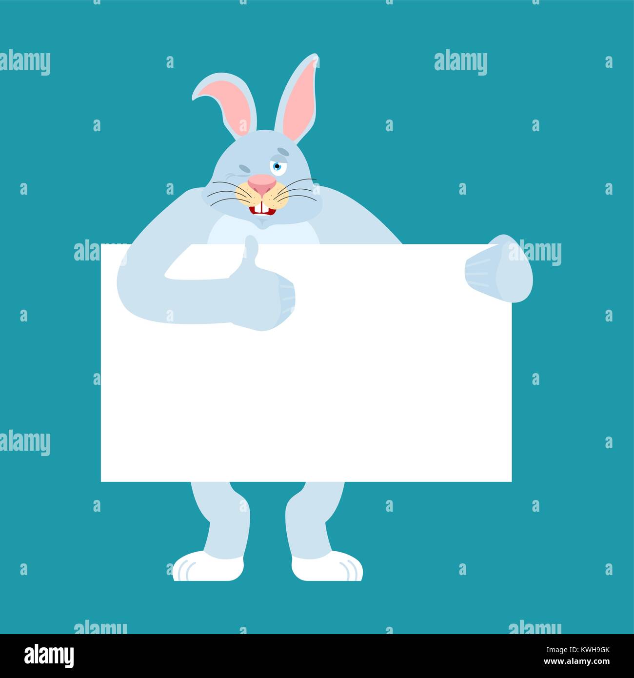 Rabbit holding banner blank. Hare and white blank. Animal thumb up and ...