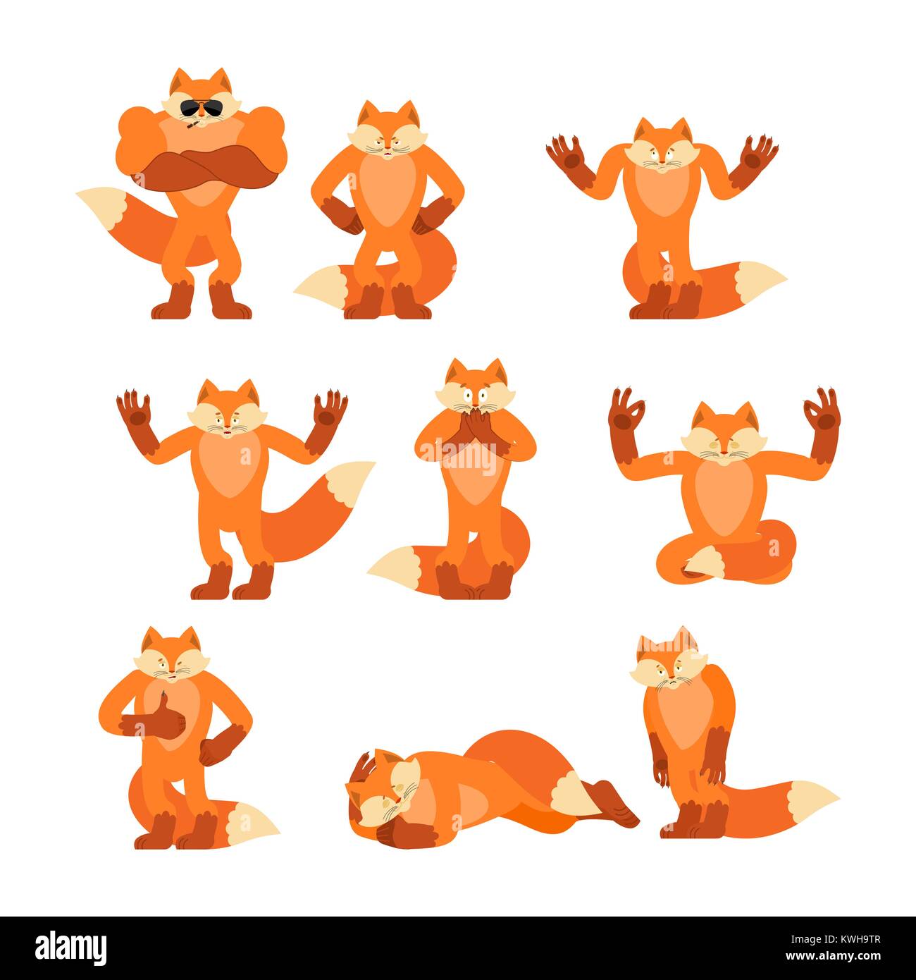 Fox set poses and motion. She-fox happy and yoga. Beast sleeping and ...