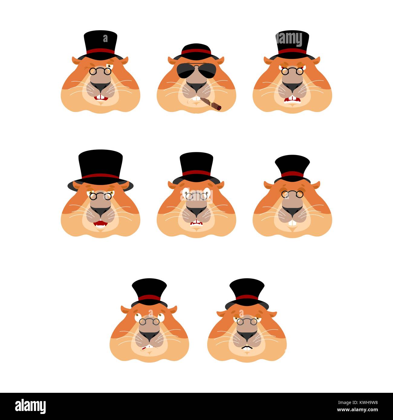 Groundhog day. Groundhog in Hat set emoji avatar. sad and angry face ...