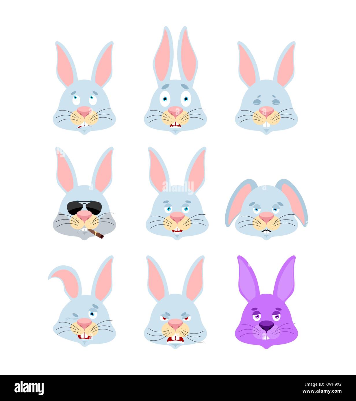 Rabbit set emoji avatar. sad and angry face. guilty and sleeping. Hare ...