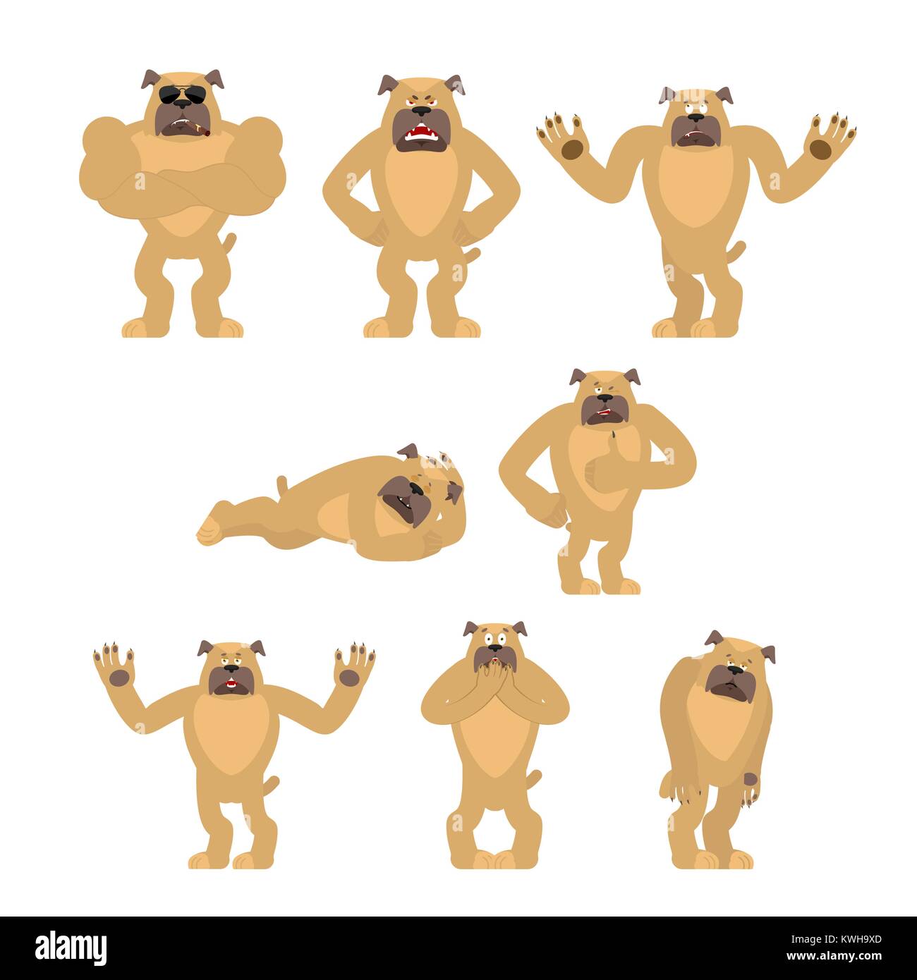 Dog set poses and motion. Pet happy and yoga. Bulldog sleeping and ...