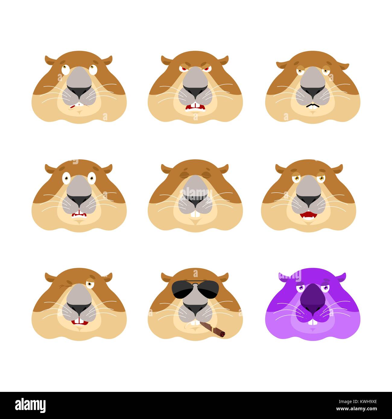 Groundhog set emoji avatar. sad and angry face. guilty and sleeping ...