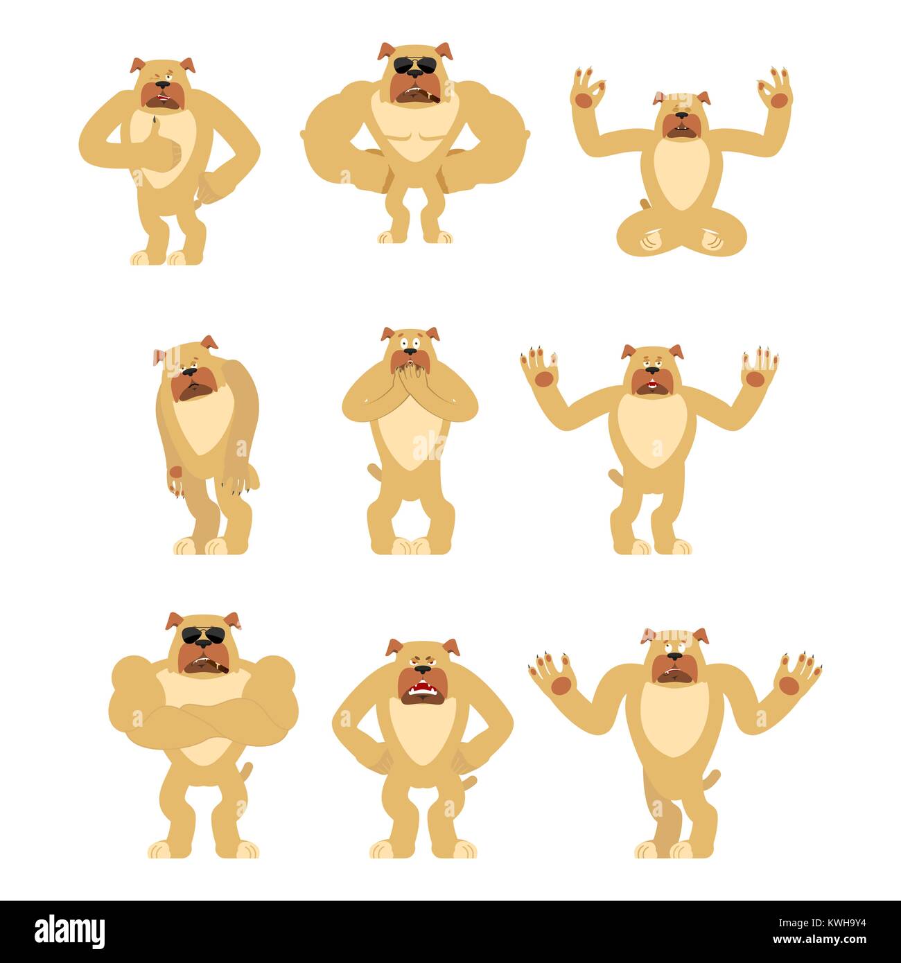 Dog set poses and motion. Pet happy and yoga. Bulldog sleeping and ...