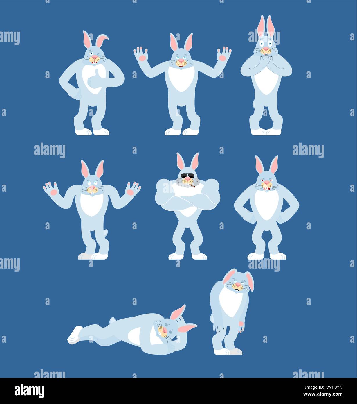 Rabbit set poses and motion. Hare happy and yoga. Animal sleeping and ...