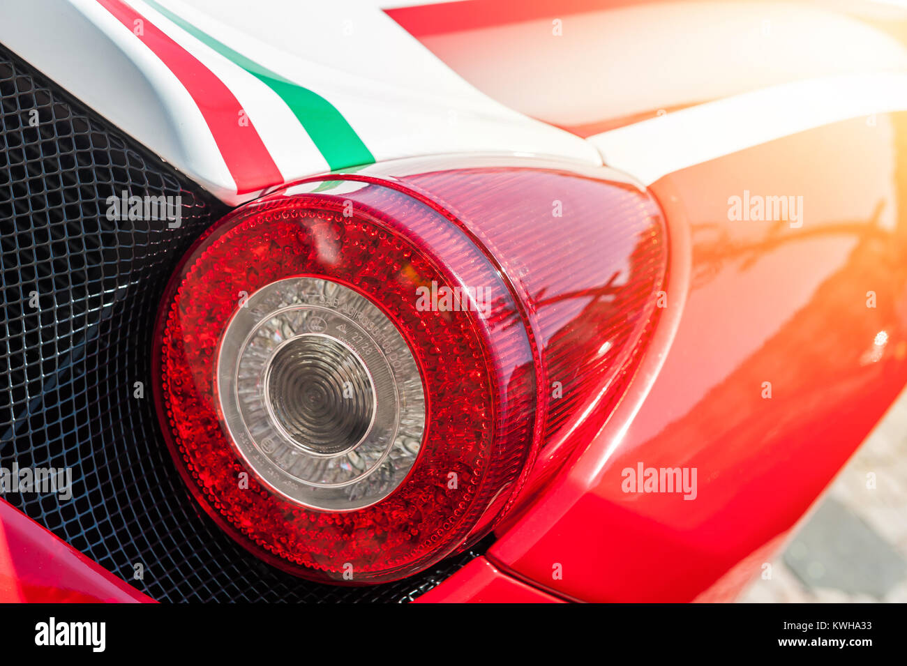 TORINO - JUN 10, 2017: Showroom. Close up of a new red Ferrari Stock ...