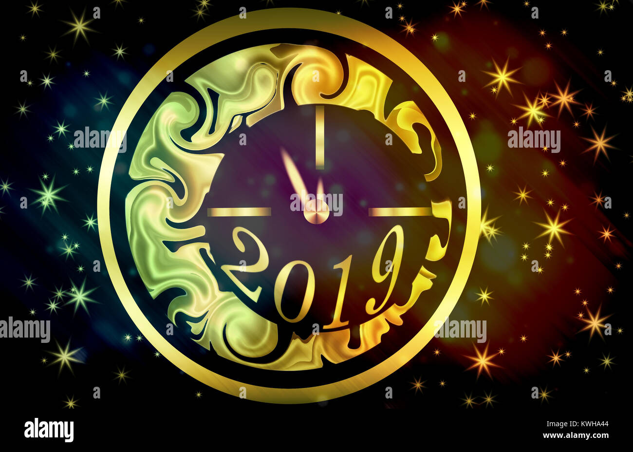 A golden clock with the number 2019. New year eve Stock Photo - Alamy