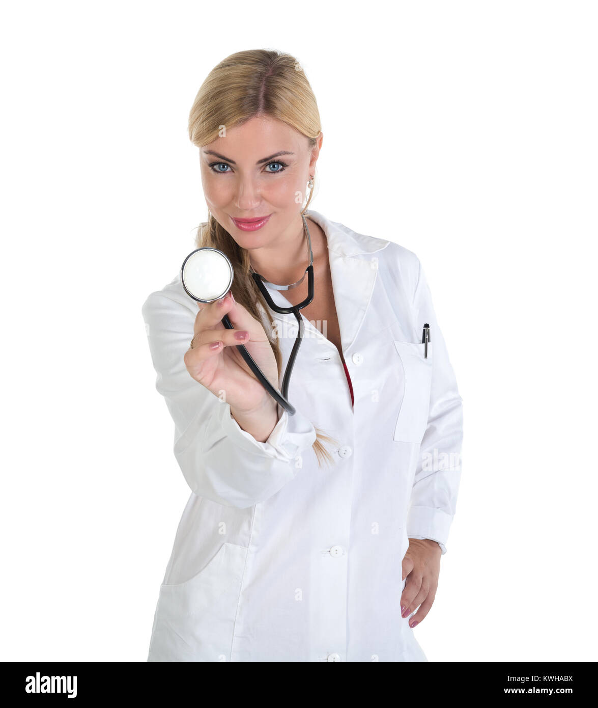 Young female blonde doctor with blue eyes, posing with stethoscope ...