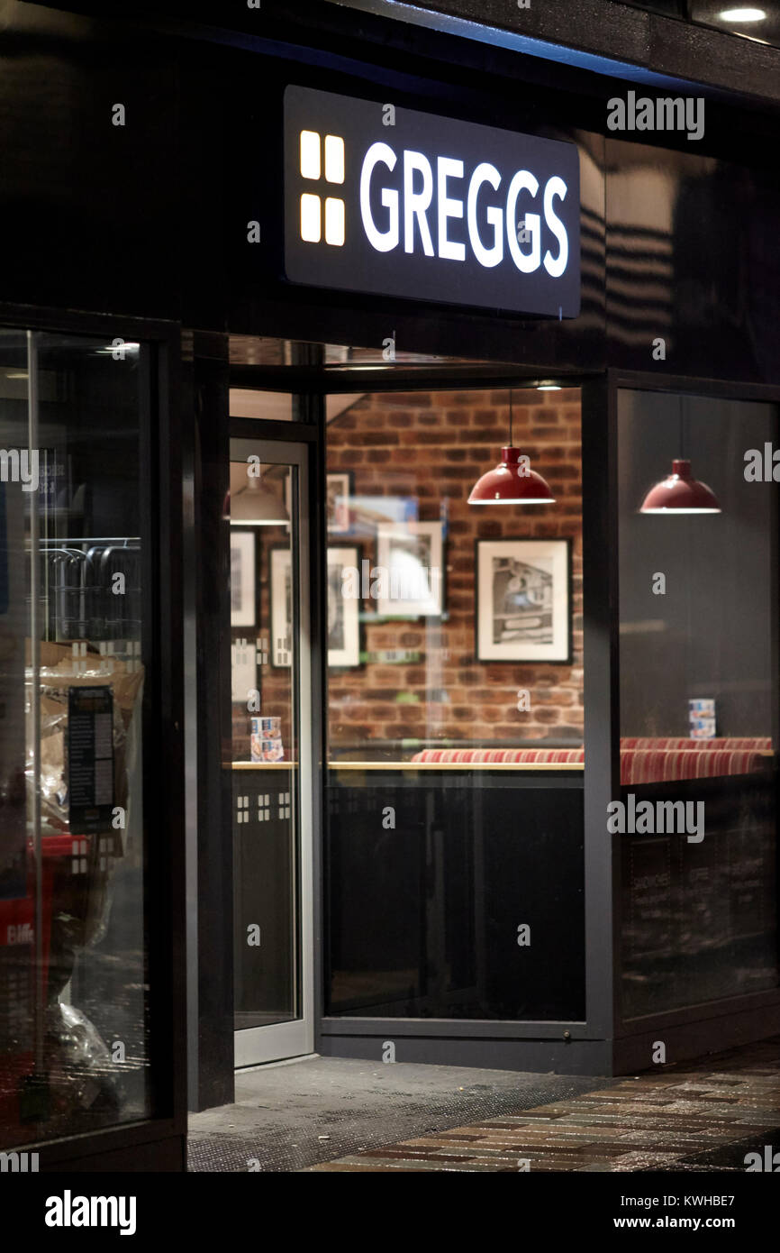 greggs illuminated signs outside the entrance to the shop cafe in ...