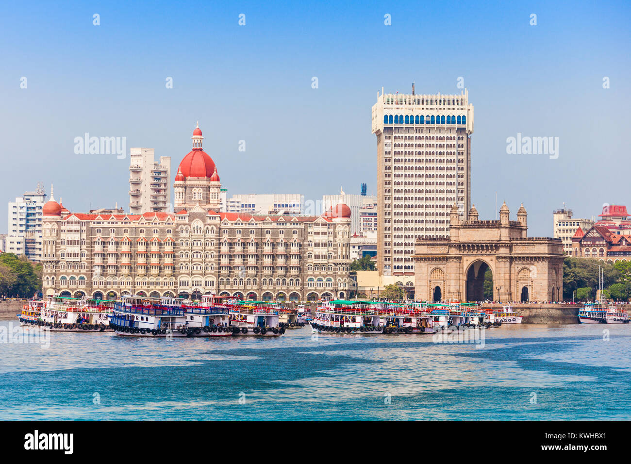 The Gateway of India and boats as seen from the Mumbai Harbour in ...