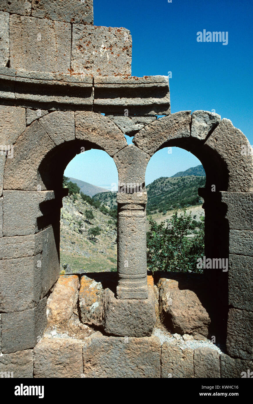 View through Double Stone Clerestory Windows of Ruined Byzantine Church ...