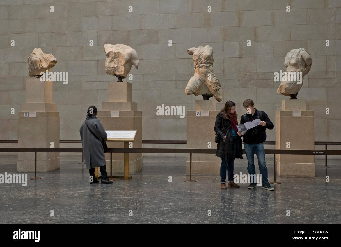 Visitors to the Elgin marbles from the Athens Parthenon gallery at the British Museum in London ...