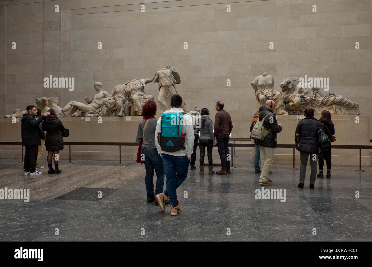 Visitors to the Elgin marbles from the Athens Parthenon gallery at the British Museum in London ...