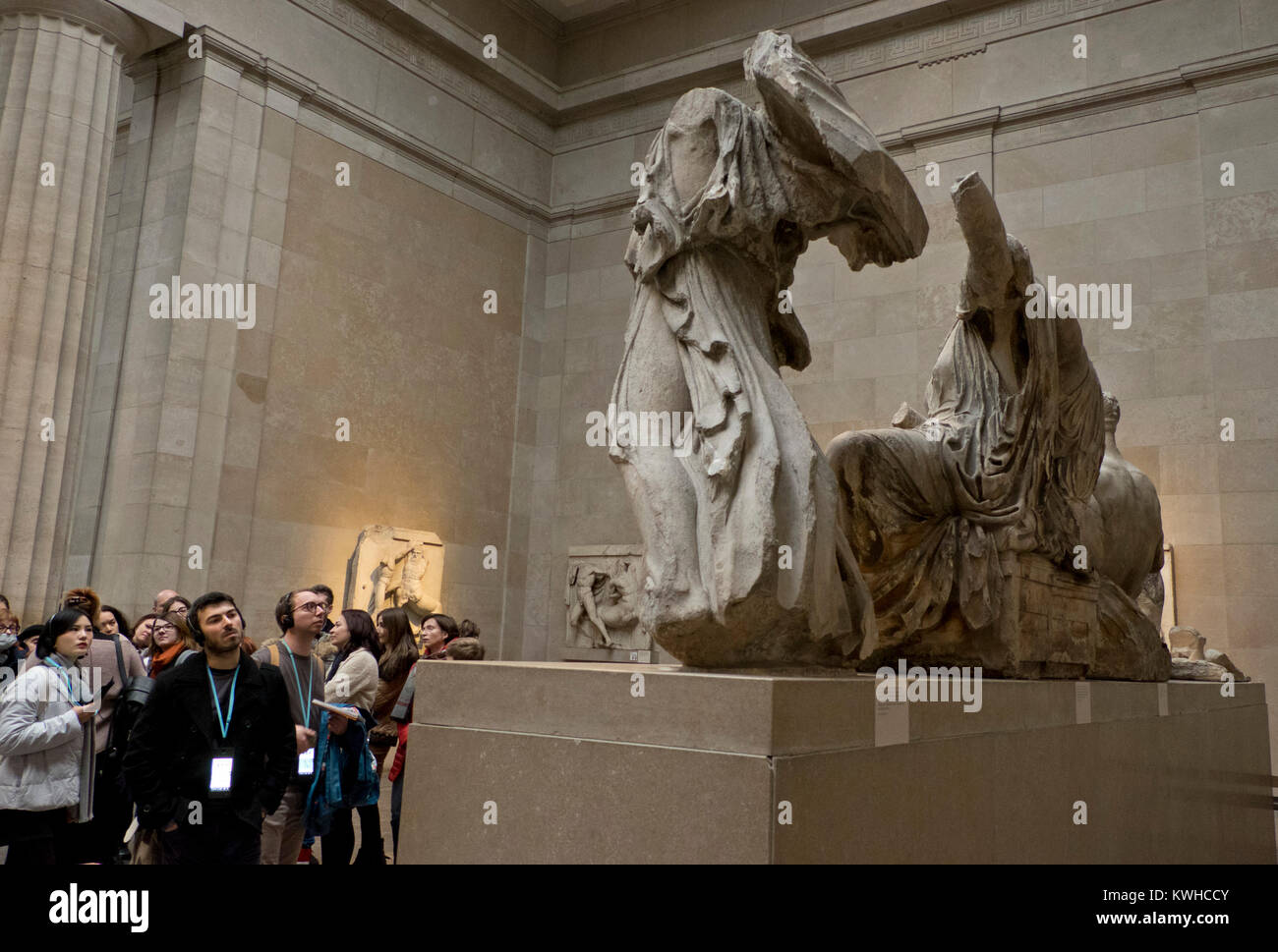 Visitors to the Elgin marbles from the Athens Parthenon gallery at the British Museum in London ...