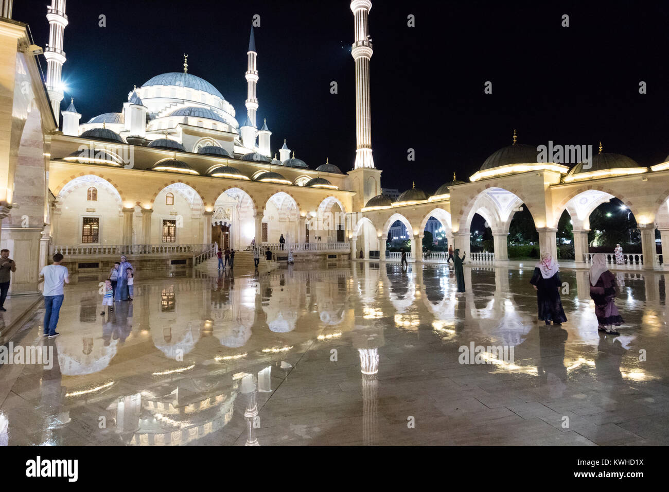 Grozny's Akhmad Kadyrov Mosque at night, the mosque design is based on ...