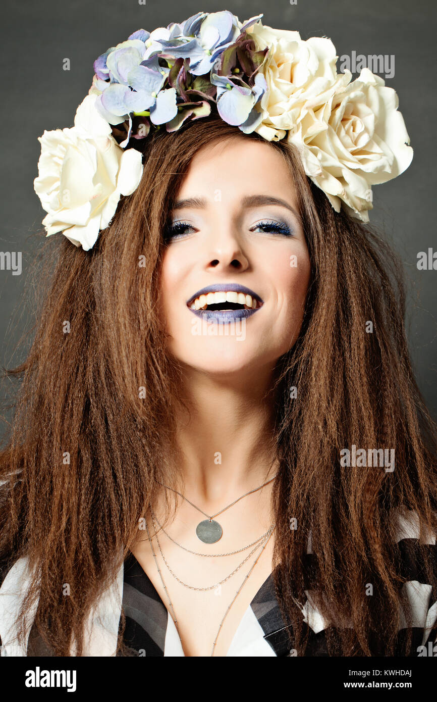 Creative Woman with Fashion Makeup and Flowers Stock Photo - Alamy