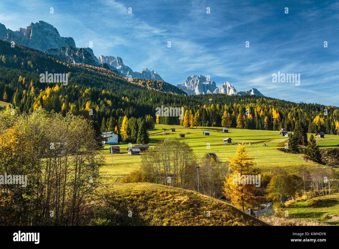 Fall foliage color in the Dolomite mountains near Padola, Belluno ...
