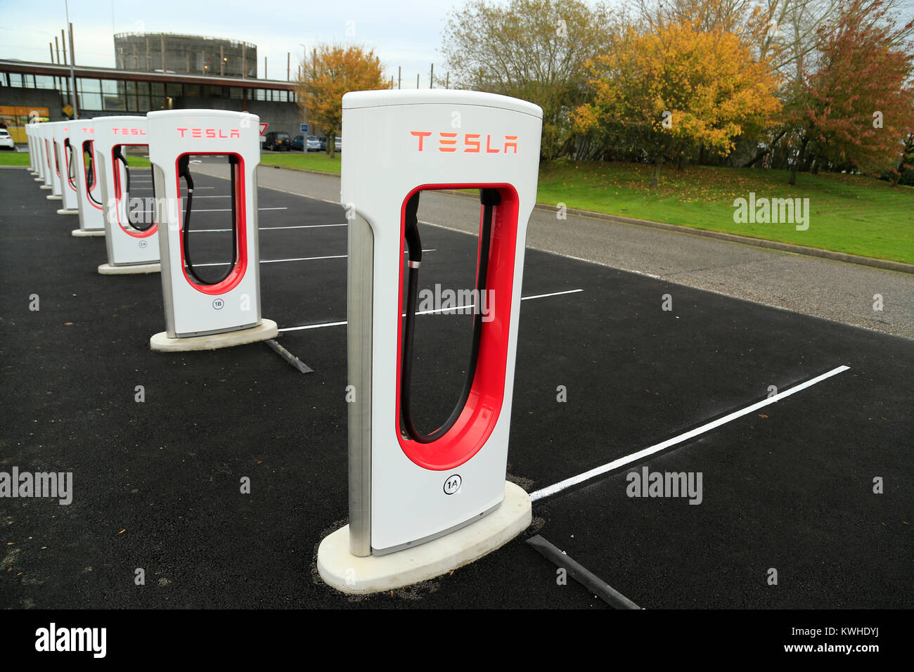 Tesla electric car charging bays all empty at motorway service station ...