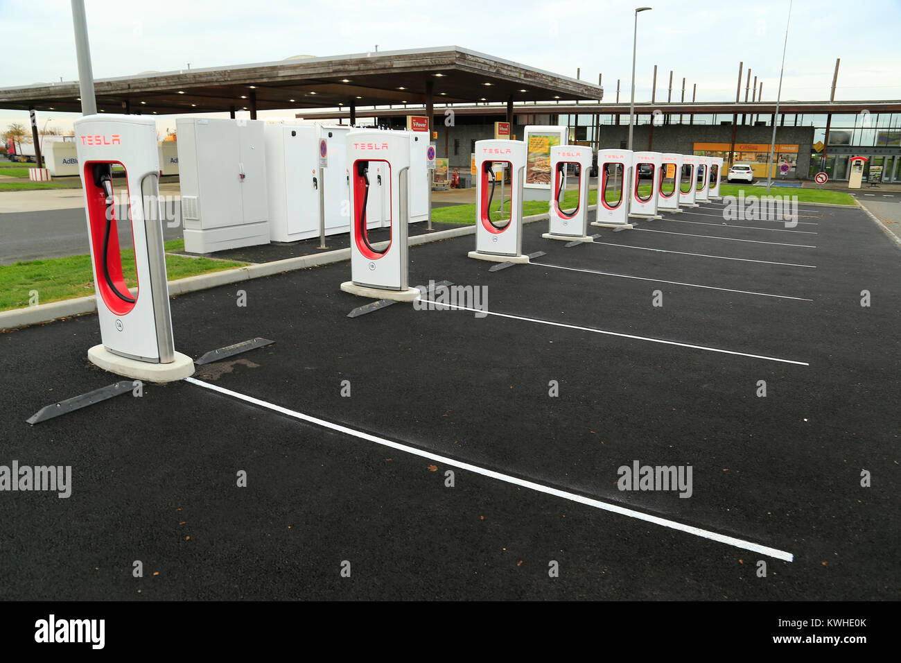Tesla electric car charging bays all empty at motorway service station ...