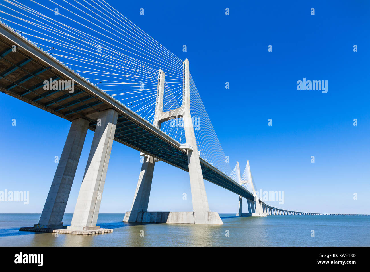 The Vasco da Gama Bridge in Lisbon, Portugal. It is the longest bridge ...