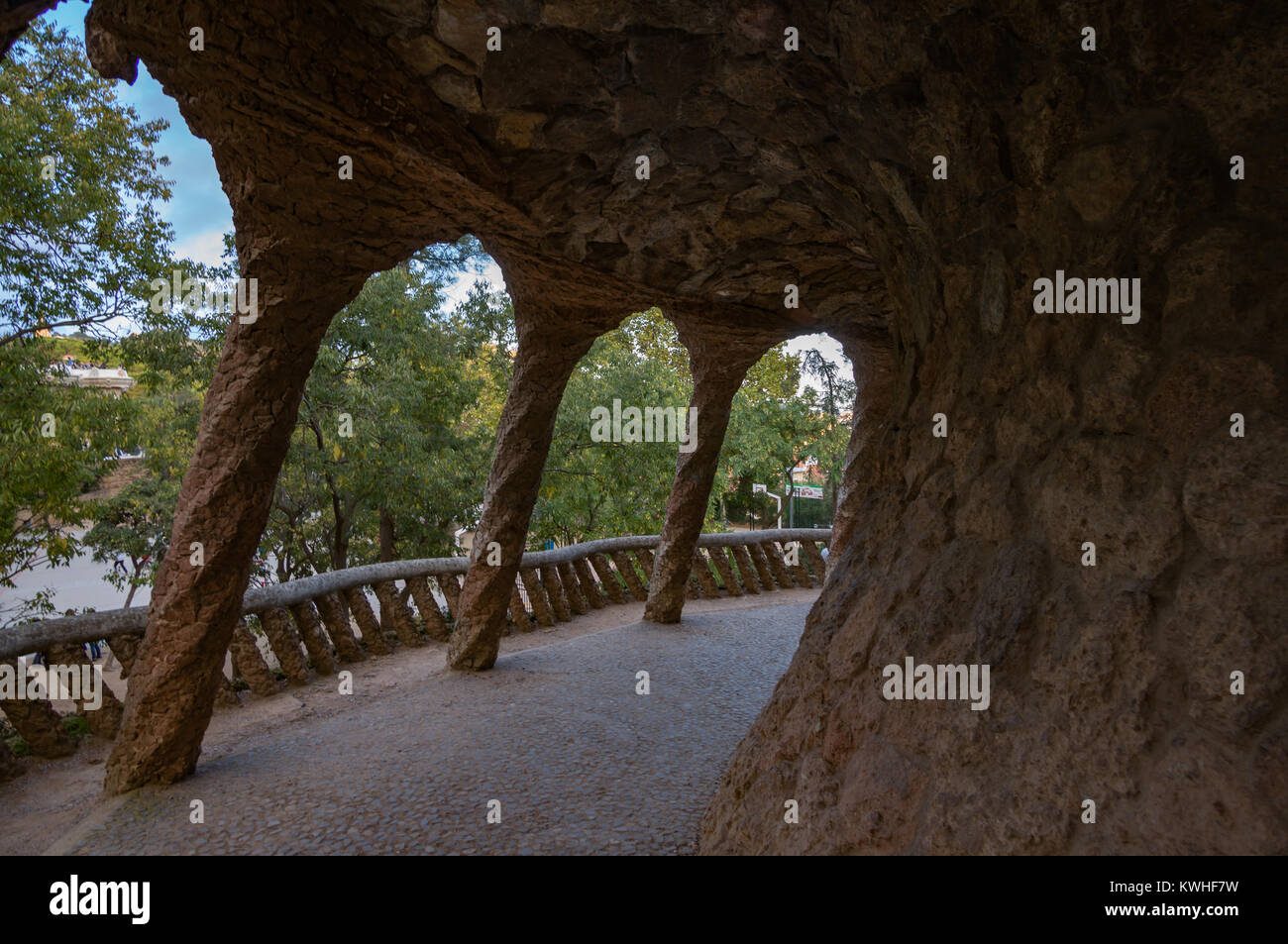 Barcelona, Spain - October 30, 2015: Columns path from Park Guell in ...