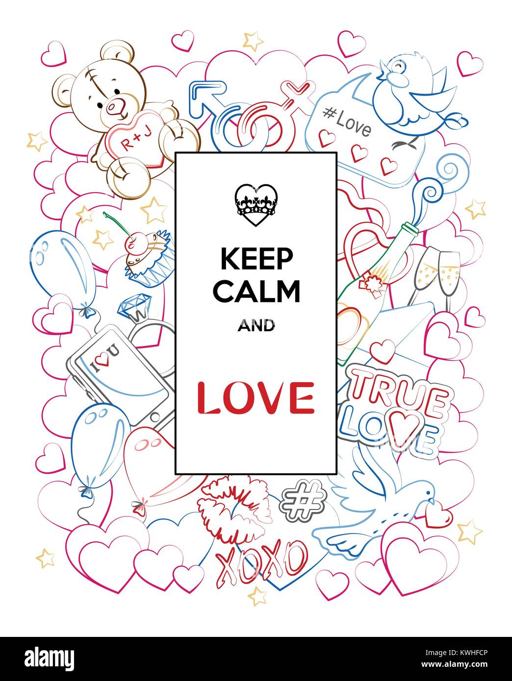 Happy Valentine's Day! Colorful line greeting card "Keep Calm and Love ...