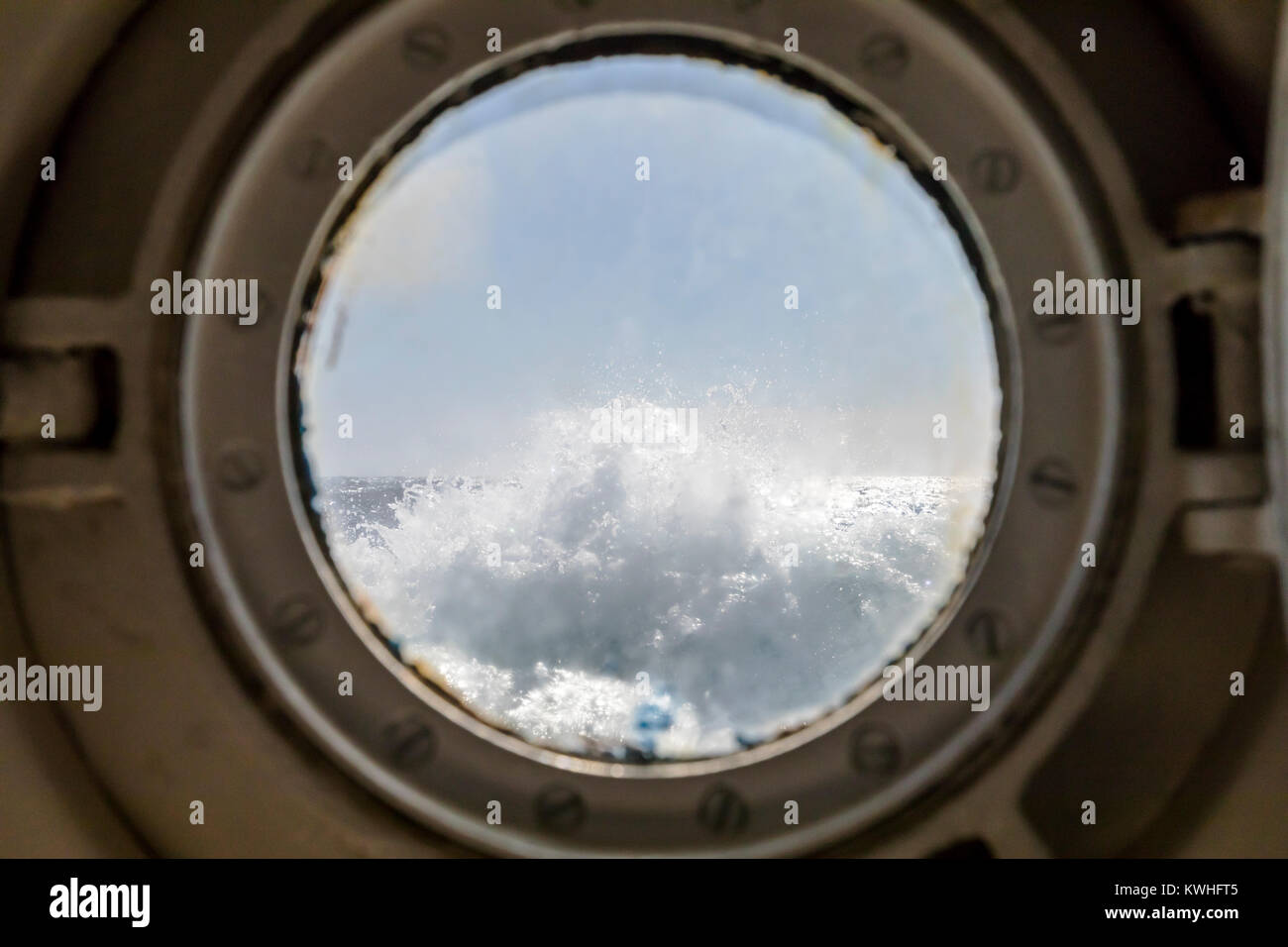 Ocean Adventurer ship port hole view of rough Drake Passage; Pasaje de ...