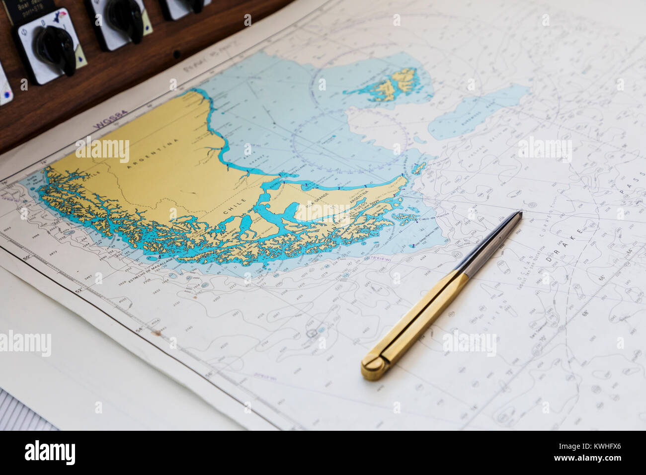Maps; instruments and technology on bridge of passenger ship Ocean ...