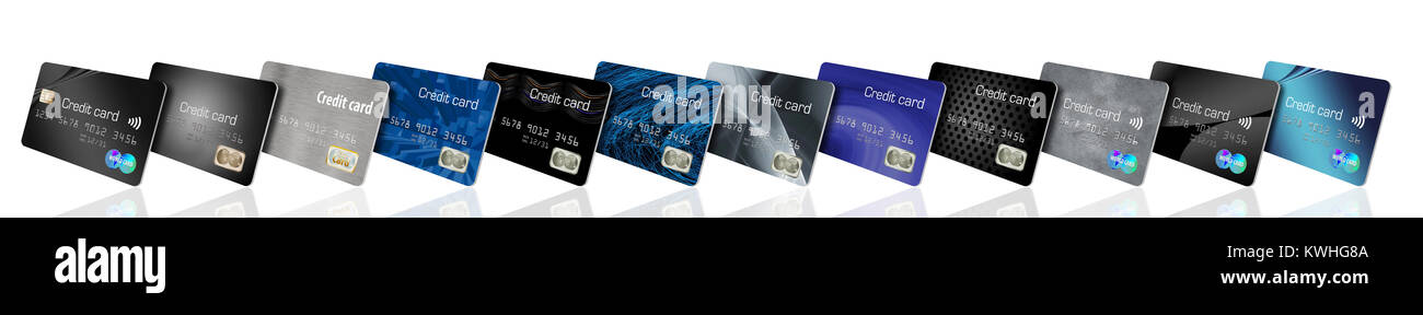 This is a row of credit cards.Subdued colors in blue, grey and black ...
