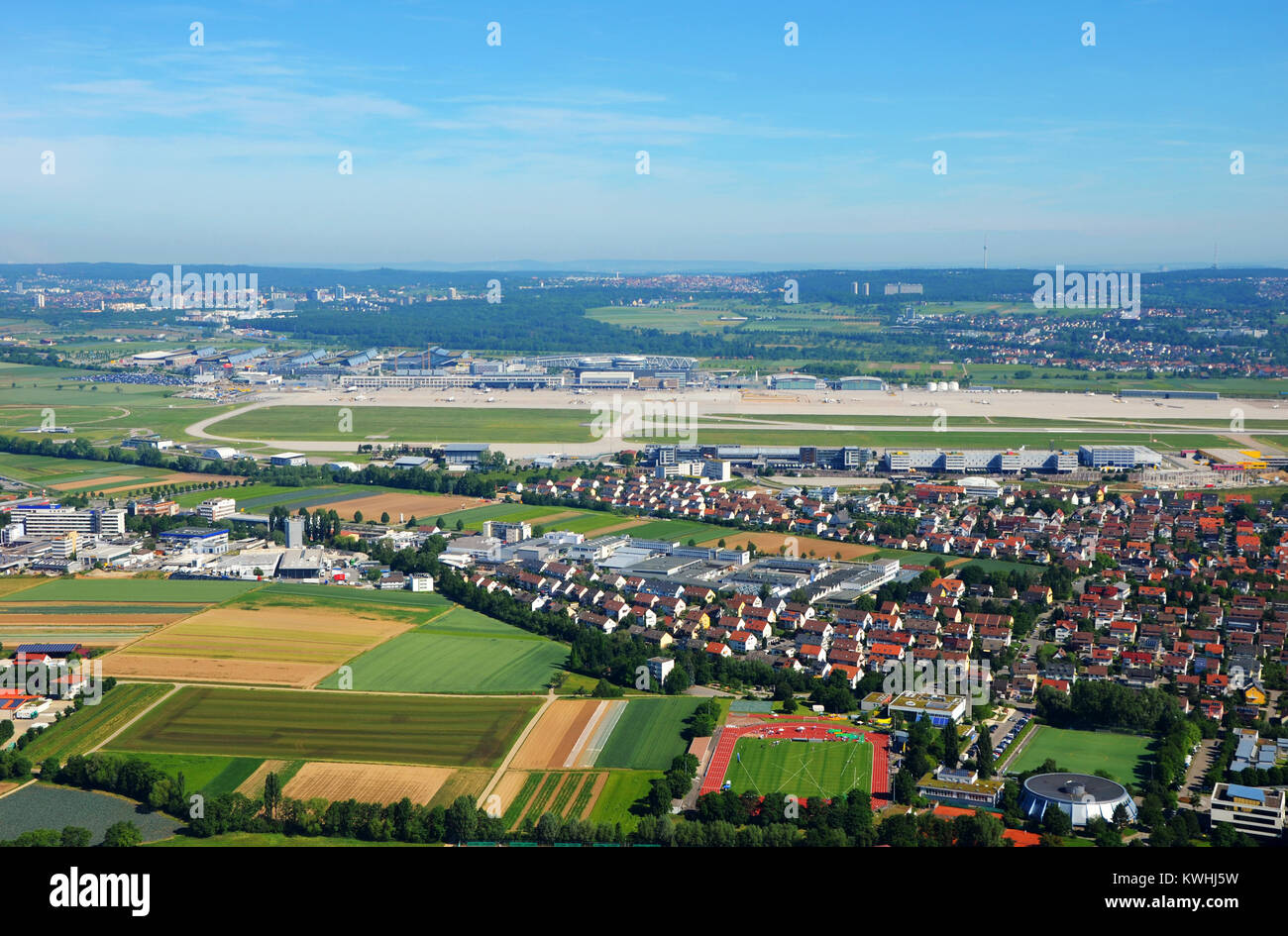 Aerial view of Stuttgart area with Stuttgart Airport (STR) on a sunny ...