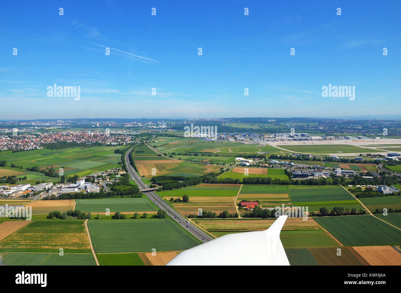 Aerial view of Stuttgart area with Stuttgart Airport (STR) on a sunny ...