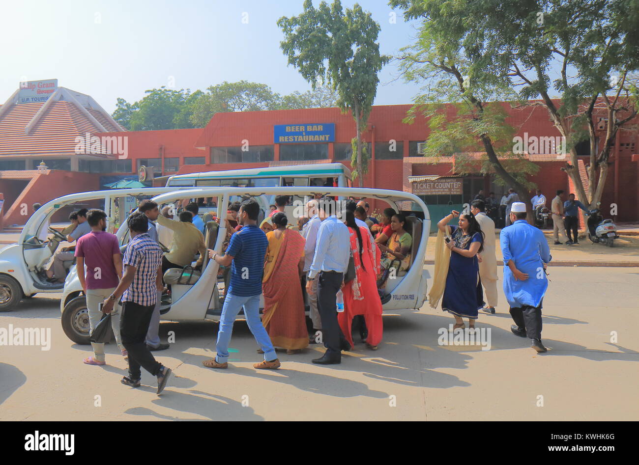 People take free shuttle bus to Taj Mahal at Shilpgram in Agra India ...