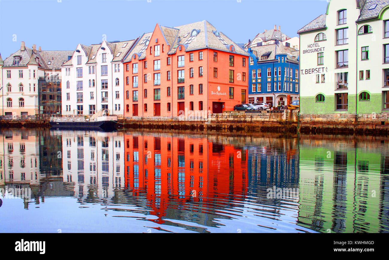 Alesund waterfront, Norway, with it's colourful buildings and bright ...