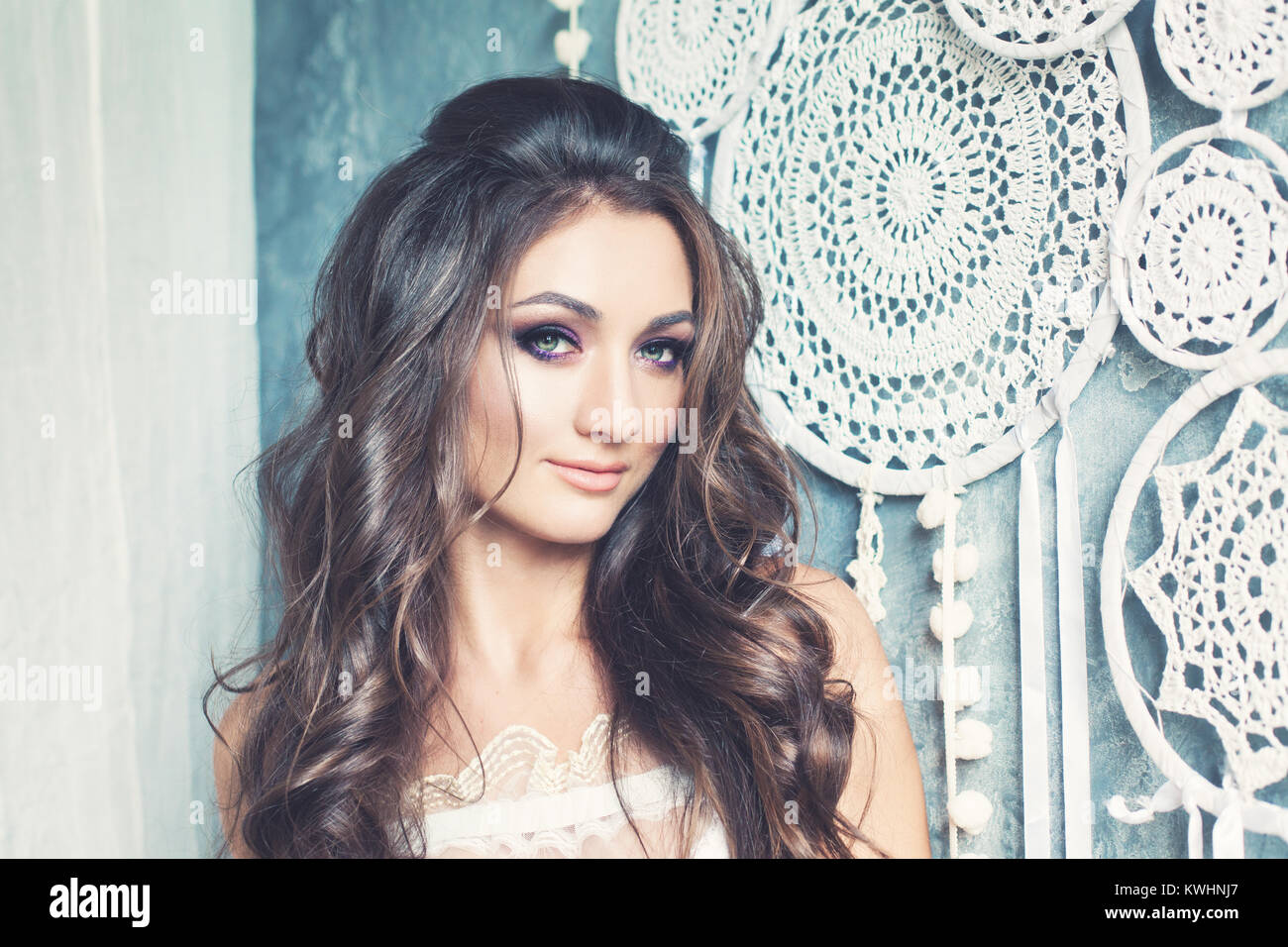 Fashion Portrait of Cute Model Girl with Long Curly Hair Stock Photo ...