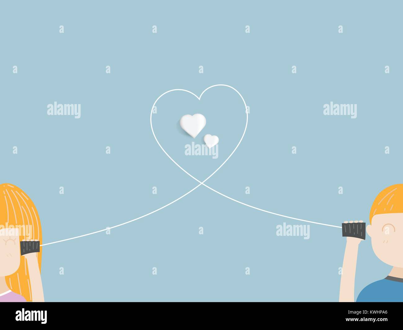 illustration of boy and girl in love with can phone vector cartoon ...