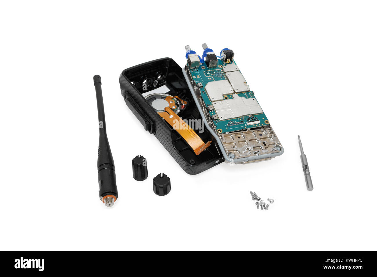 Disassembled walkie-talkie. Parts of the radio. Electronic board ...