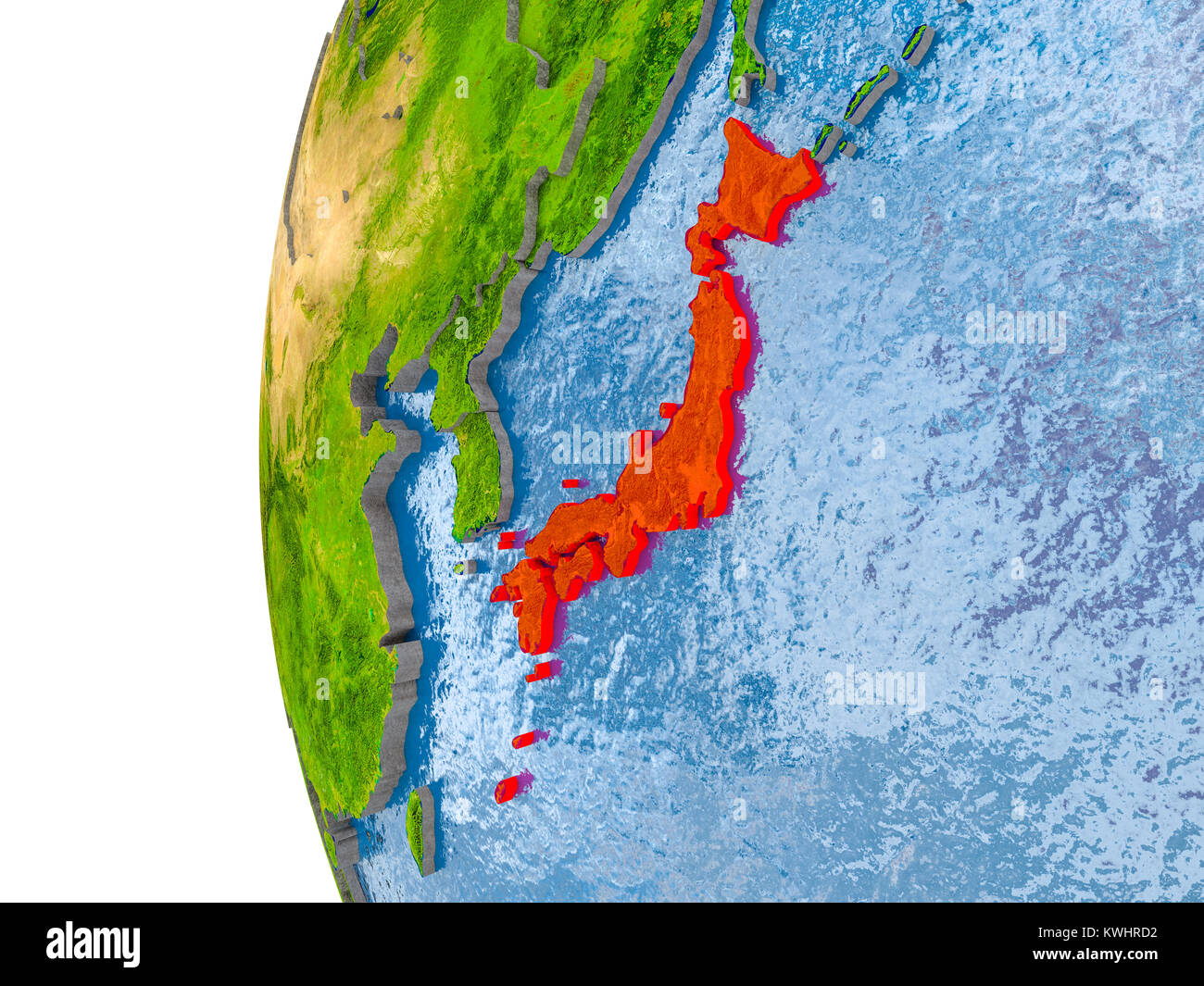 Japan in red on globe with real land surface, visible country borders ...