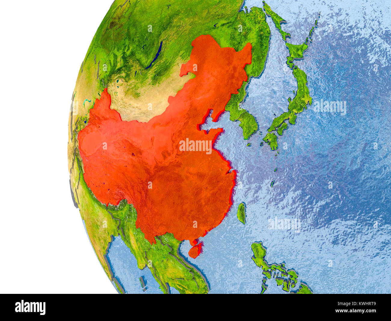 China in red on globe with real land surface, visible country borders ...